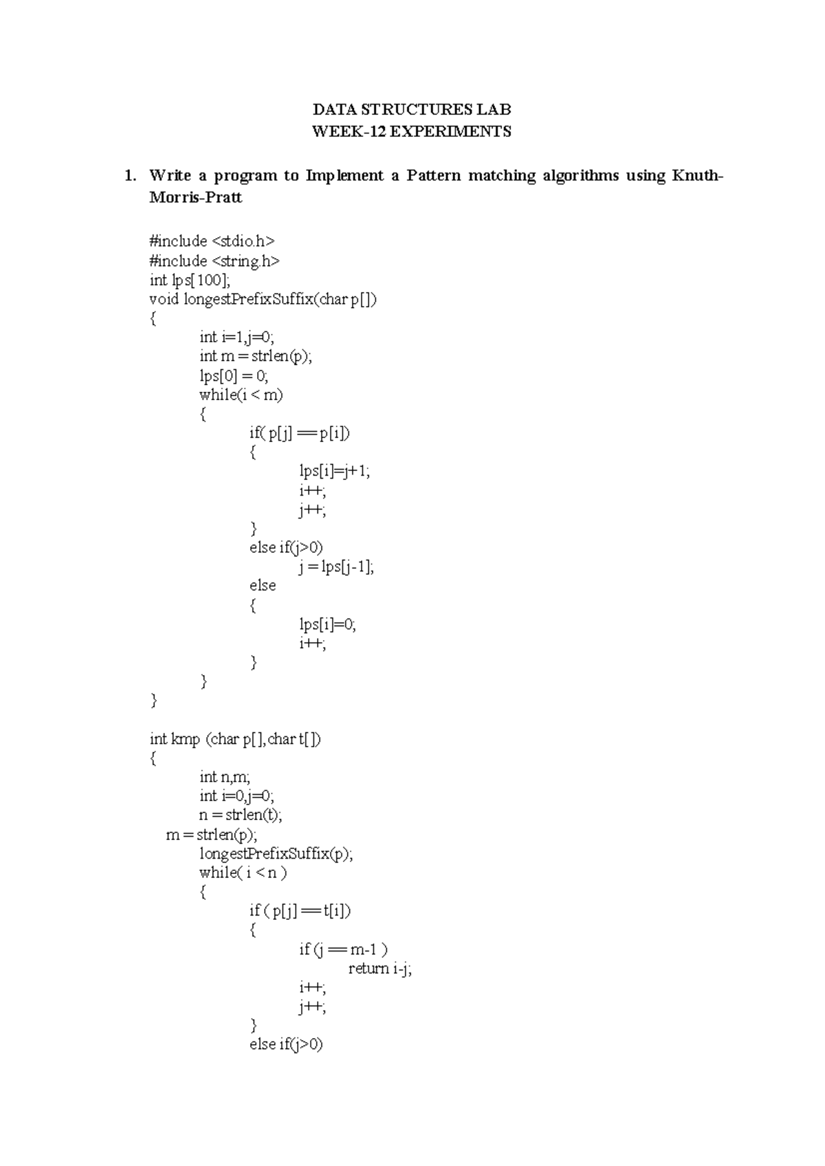 DATA STRUCTURES LAB (DS) WEEK 12 - Pattern Matching Algorithms - Studocu