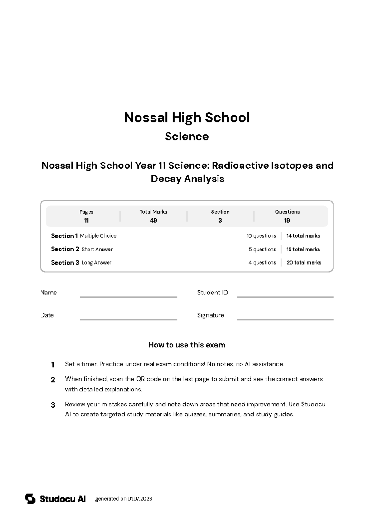 Nossal High School Year 11 Science: Radioactive Isotopes Exam - Studocu
