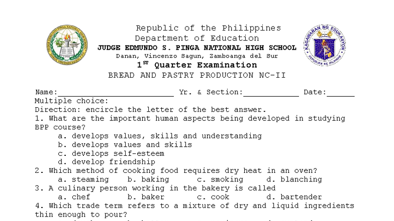 BPP 1st Quarter Exam: Bread and Pastry Production Questions - Studocu