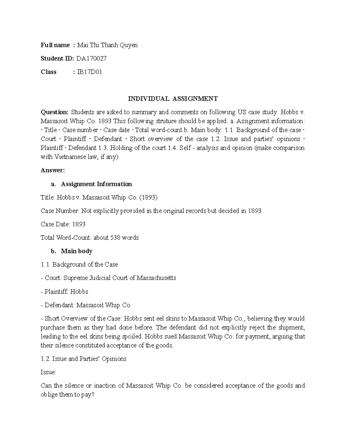 IB17D01 Individual Assignment: Analysis of Hobbs v. Massasoit Whip Co ...