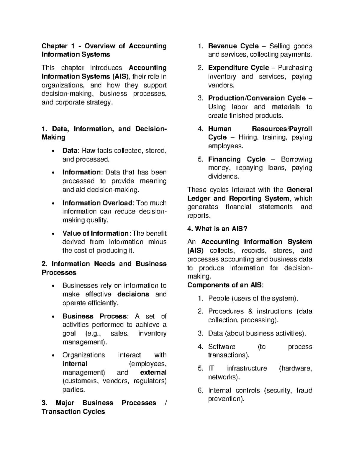 Chapter 1 AIS - AIS - Chapter 1 - Overview of Accounting Information ...