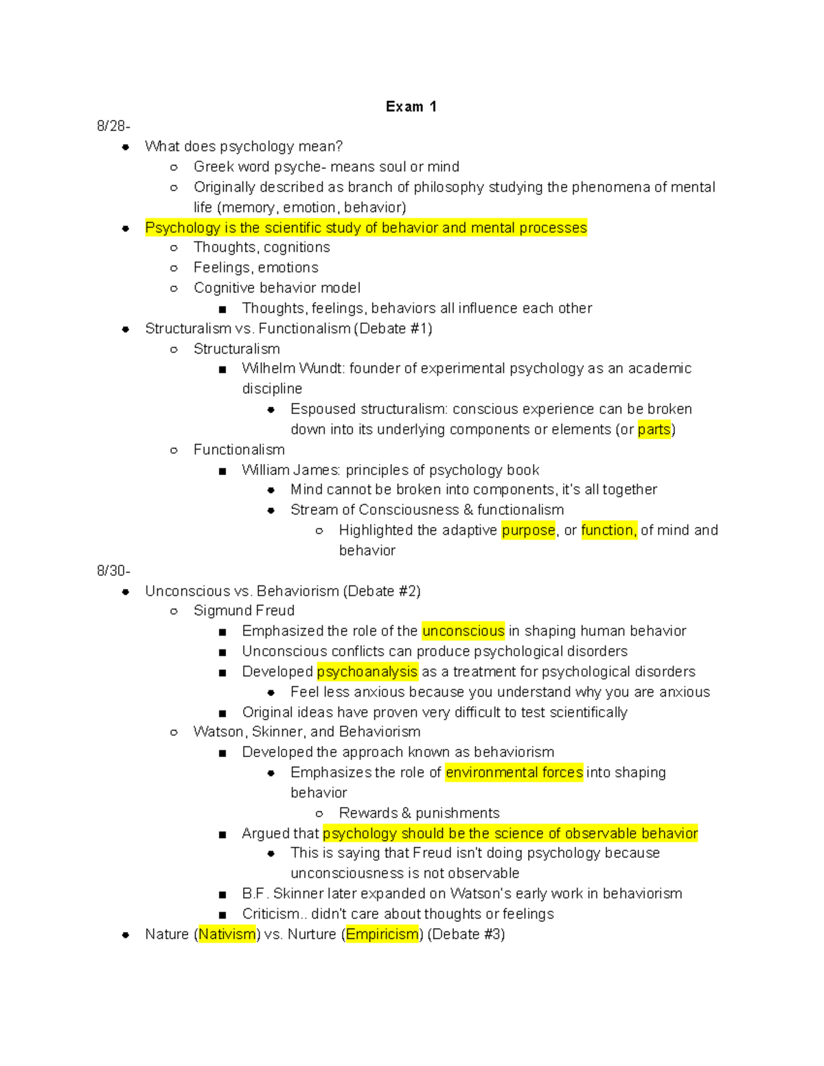 Exam 1 Study Guide - Introduction to Psychology: Key Concepts and ...