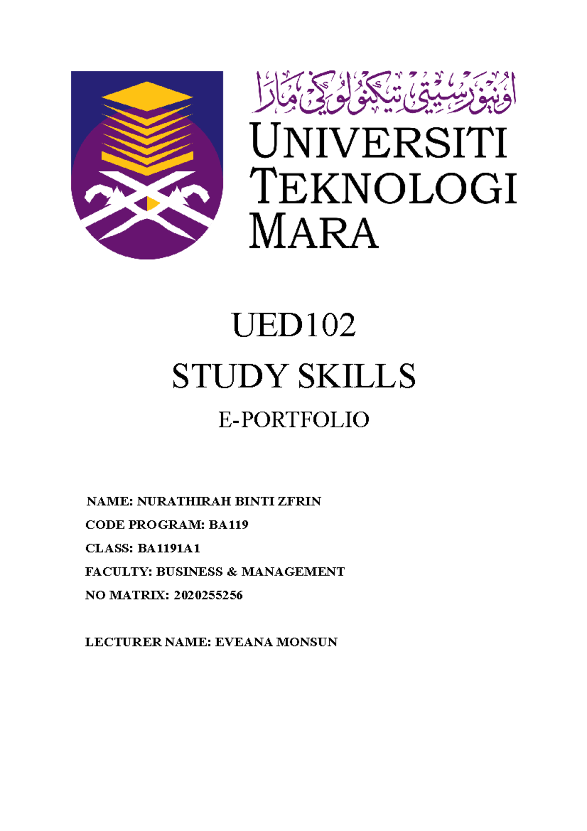 UED102 e-portfolio individual - UED STUDY SKILLS E-PORTFOLIO NAME ...