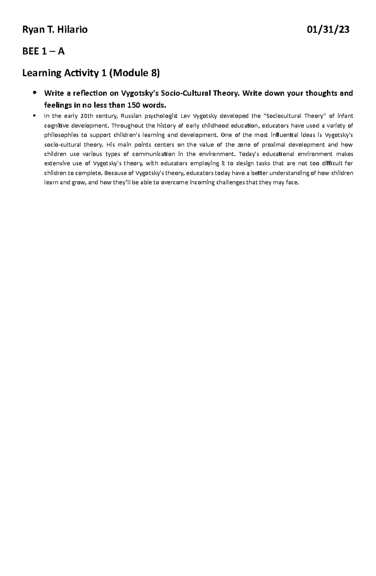 Module 8-14 - adole - BEE 1 – A Learning Activity 1 (Module 8) Write a ...
