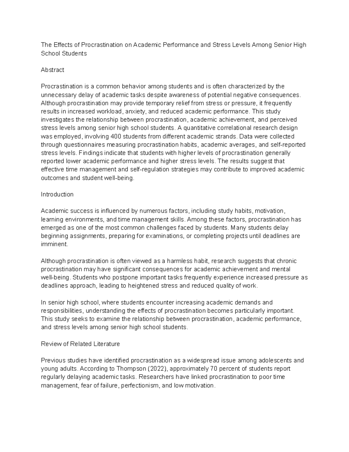 The Impact of Procrastination on Academic Performance & Stress in SHS ...