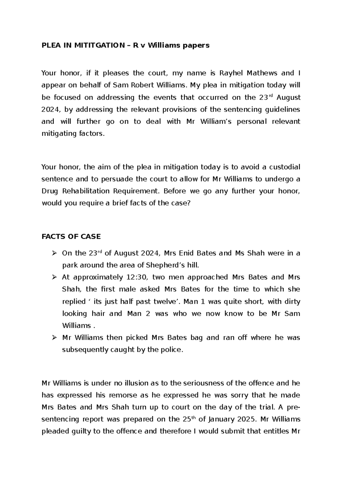 Plea in Mitigation - R v Sam Williams Case Analysis and Submission ...