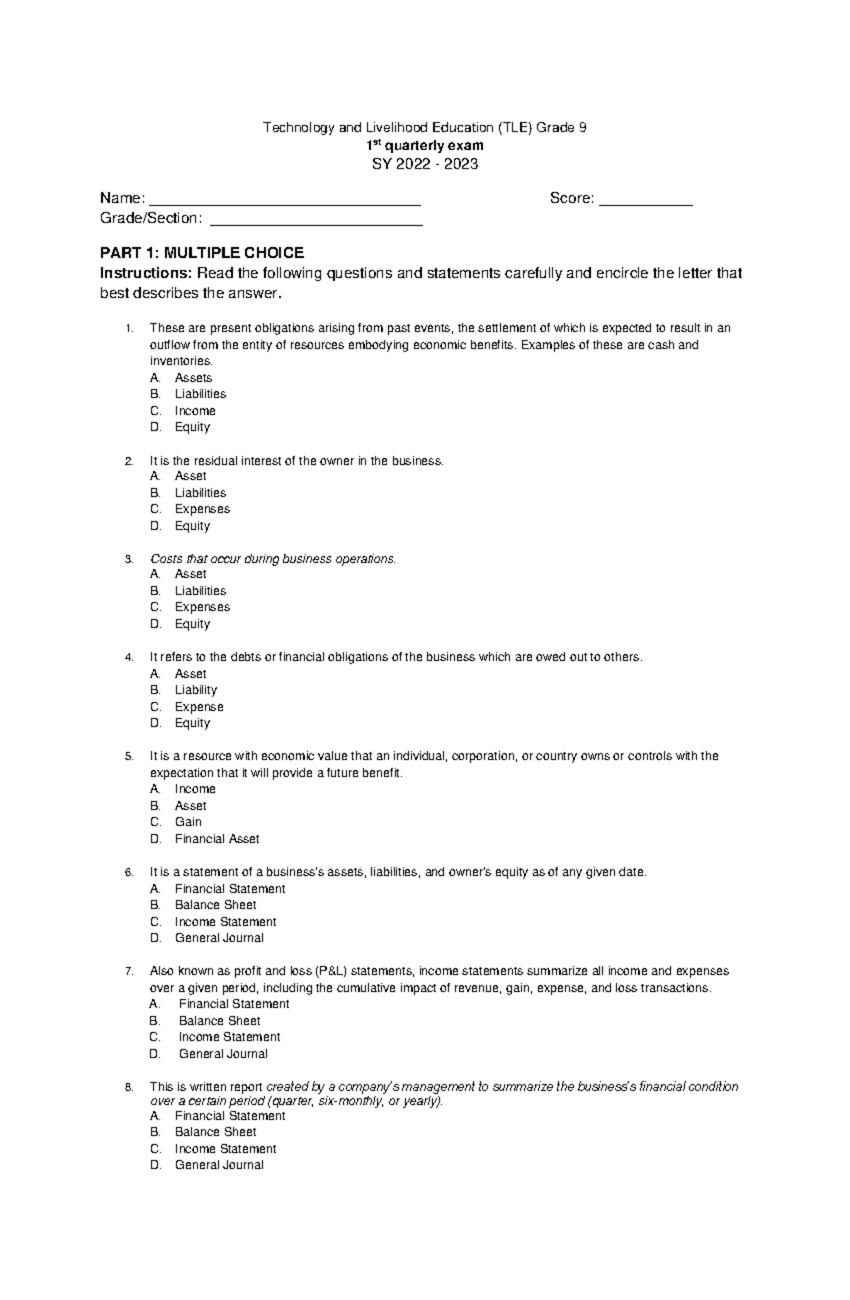 TLE Grade 9-Periodical Exam - Technology and Livelihood Education (TLE ...