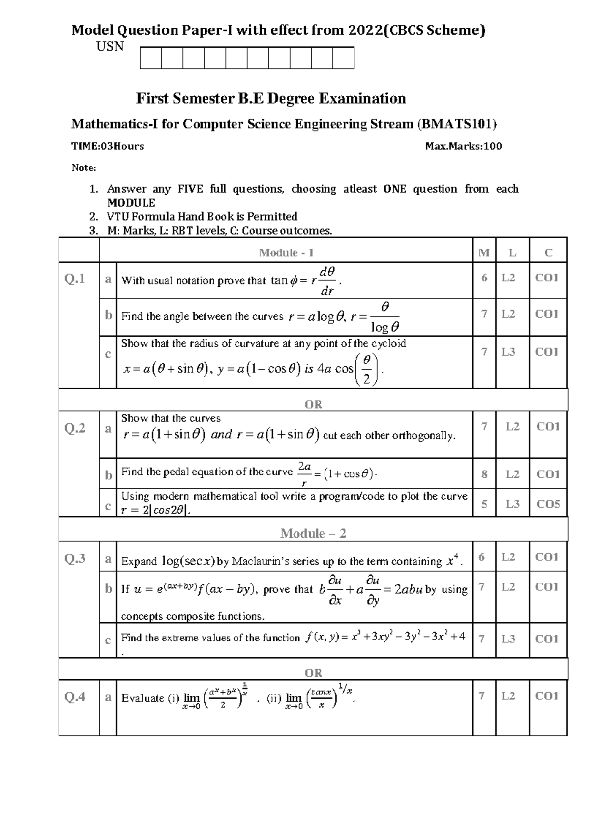 Model Question Paper for BMATS101 - CSE First Sem Exam (2022) - Studocu