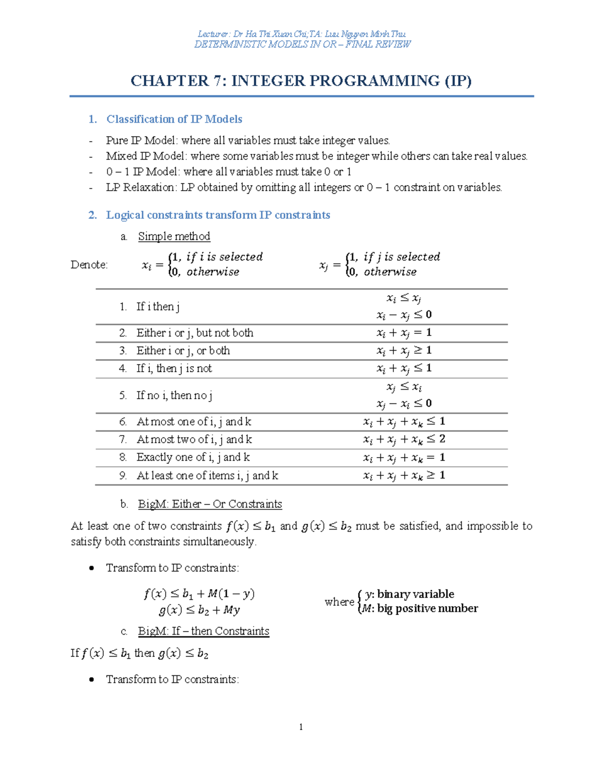 [OR1] Final Review: Deterministic Models & Integer Programming - Studocu