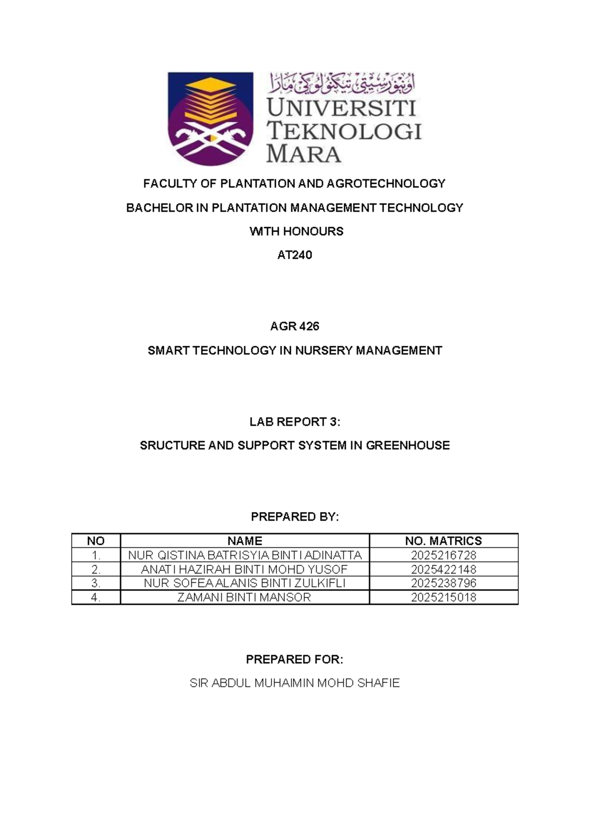 LAB 3 AGR426: Structure & Support Systems in Greenhouse Management ...