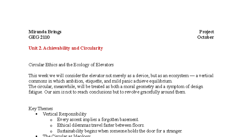 GEG 2110 Project: Achievability & Circularity in Elevators - Studocu