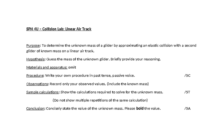 SPH 4U Lab: Elastic Collision on Linear Air Track - Studocu