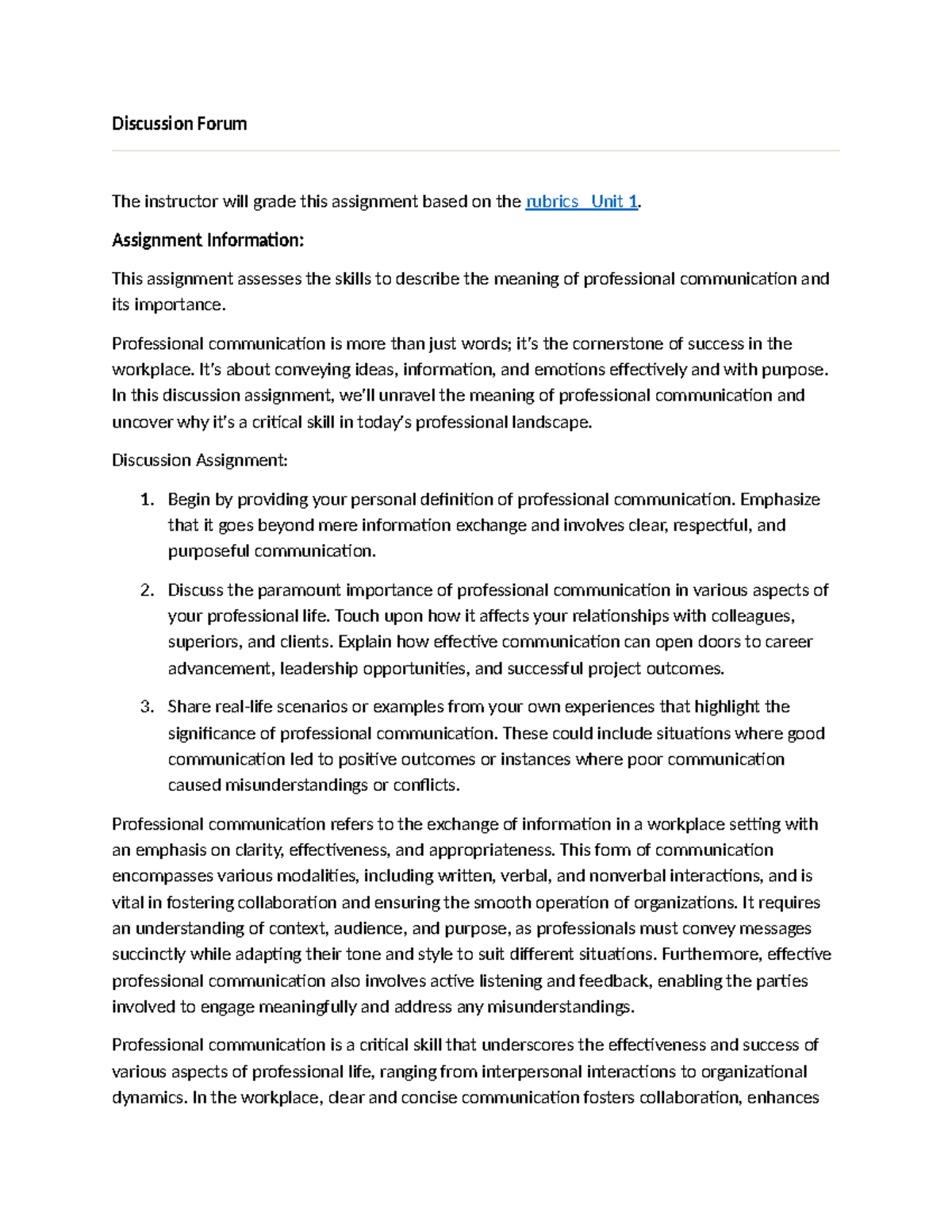 Unit 1 Discussion Forum: The Importance of Professional Communication ...