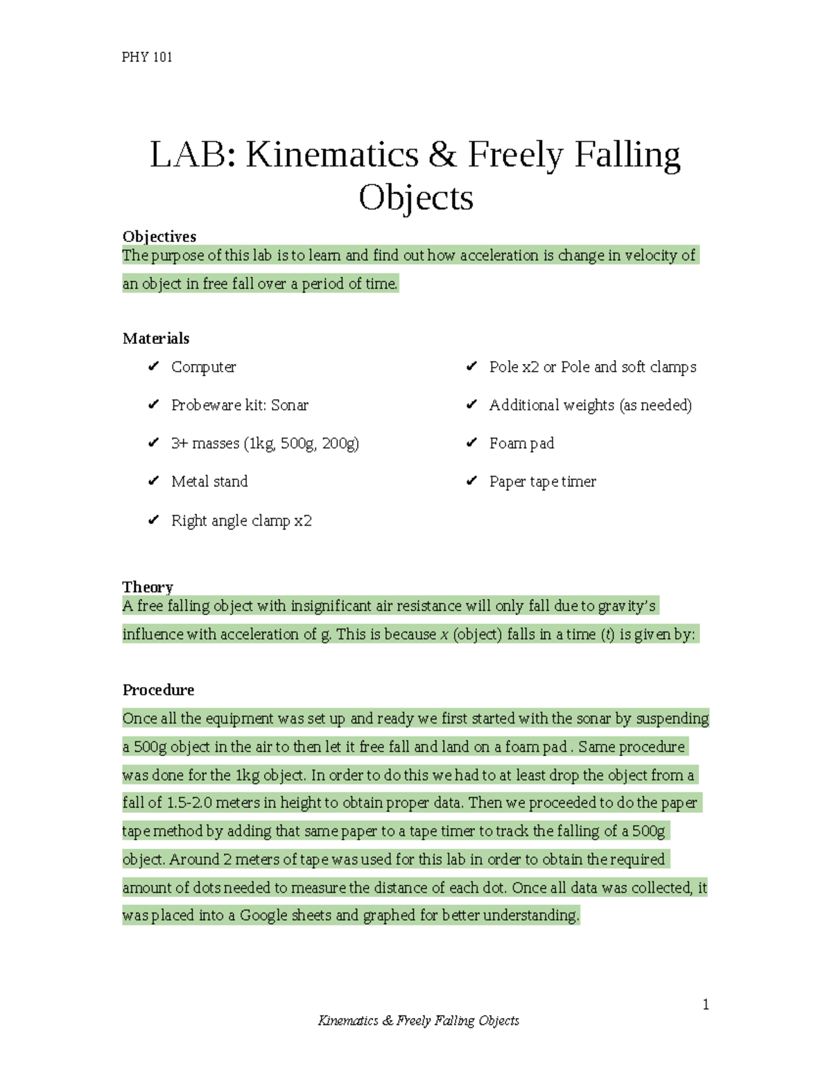 Lab 2: Kinematics of Freely Falling Objects in PHY 101 - Studocu