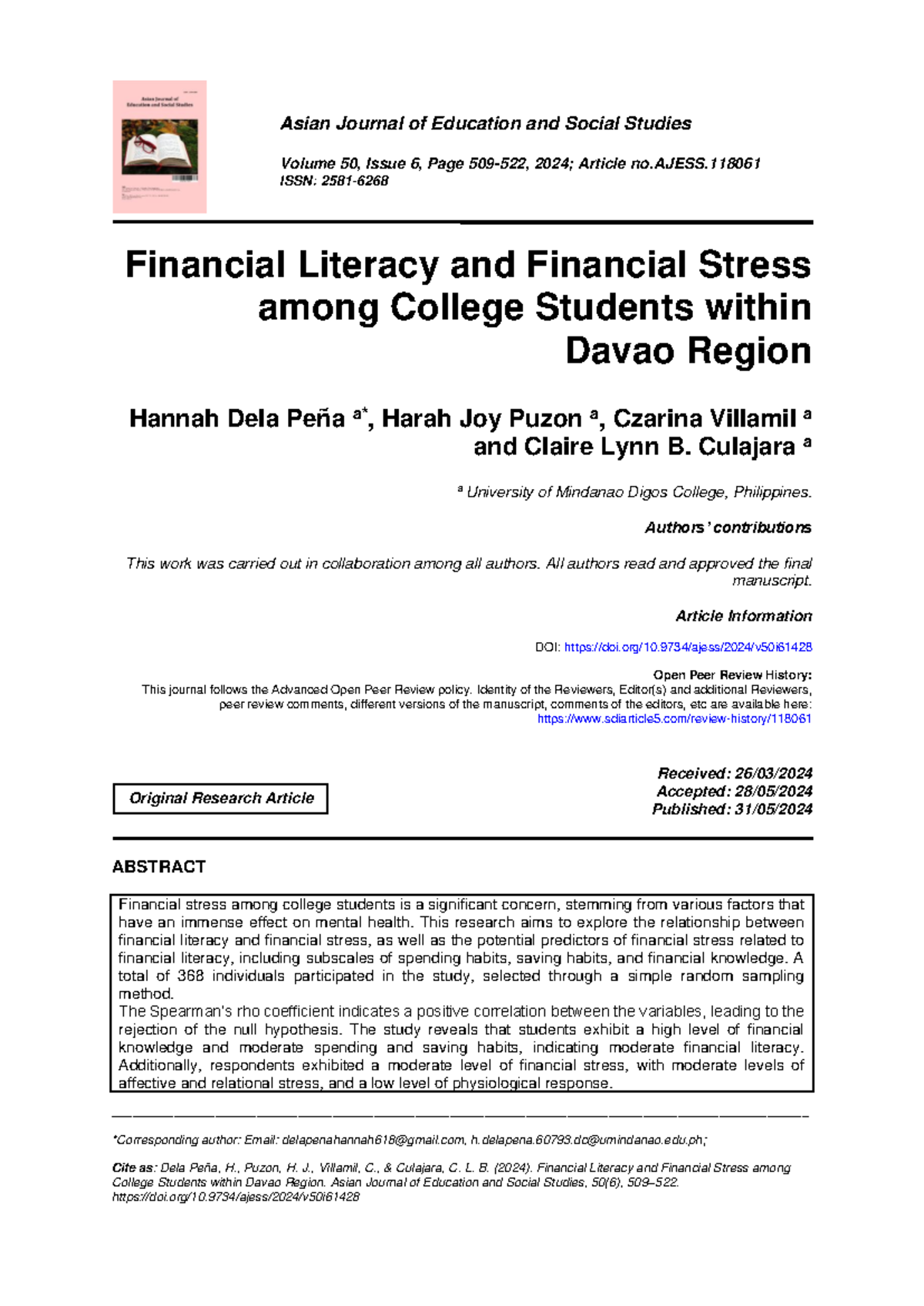 Financial Literacy and Stress: Insights from College Students in Davao ...