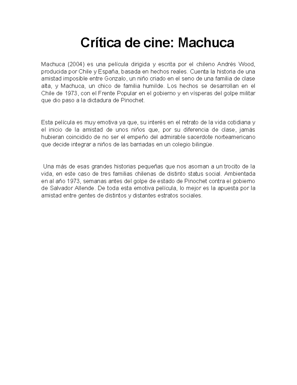 Crítica de Cine: Análisis de Machuca (2004) y su Contexto Social - Studocu