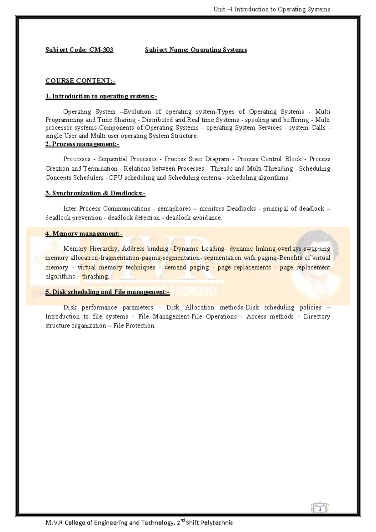 Operating Systems - hello - 1 Subject Code: CM-303 Subject Name ...