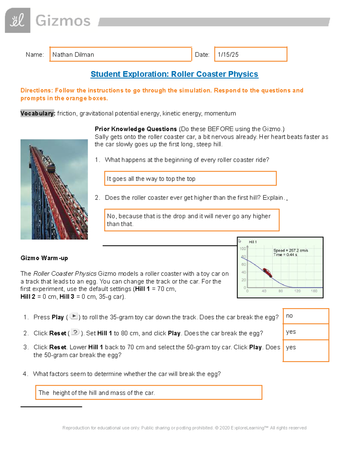Gizmos Roller Coaster Physics Exploration: Student Guide - Studocu
