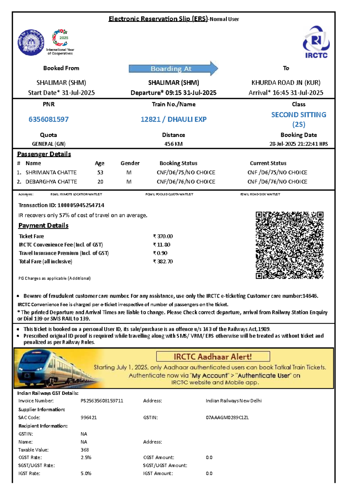 Electronic Reservation Slip for Train 12821 DHAULI EXP (2S) - Studocu