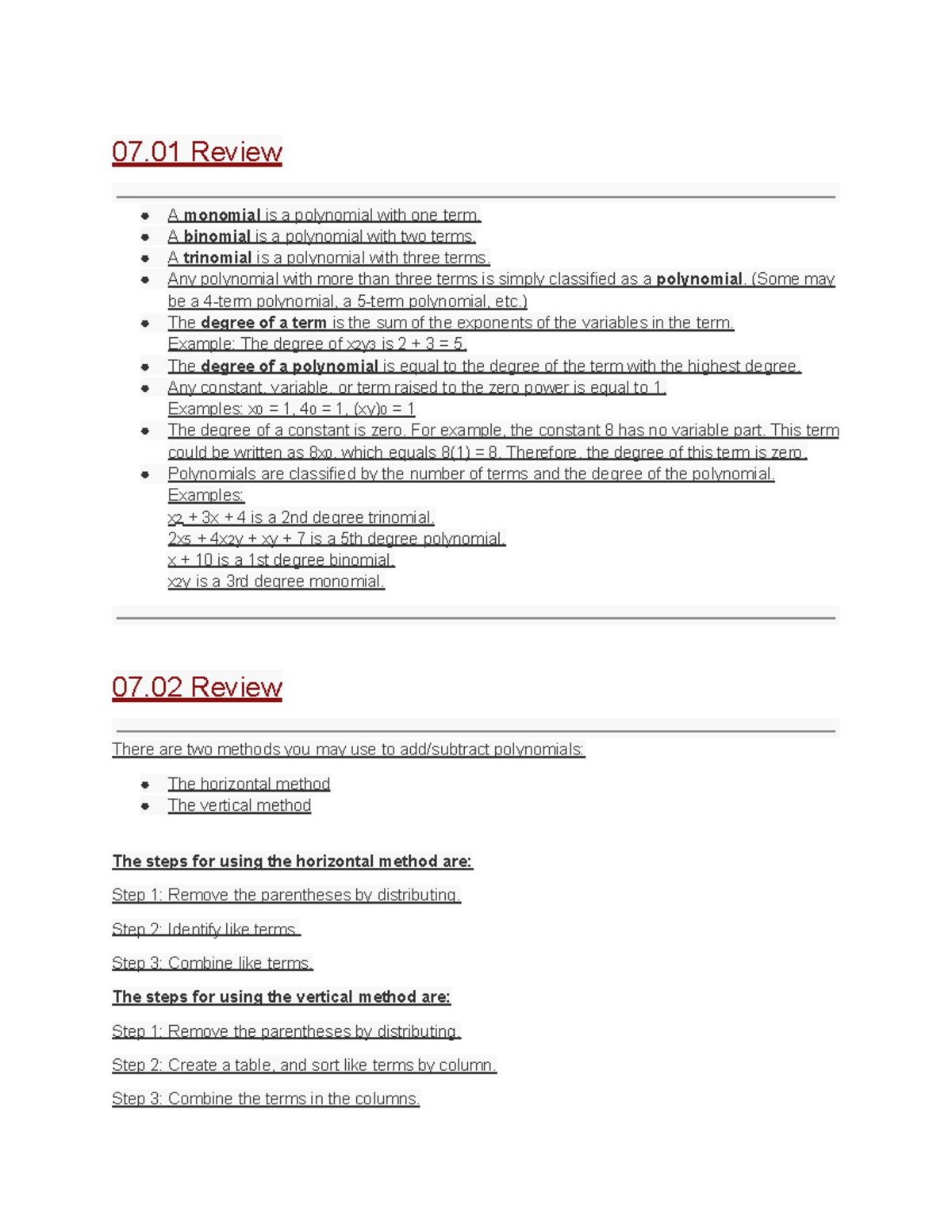 Unit 7 Polynomial Operations Review & Exponent Rules - Studocu