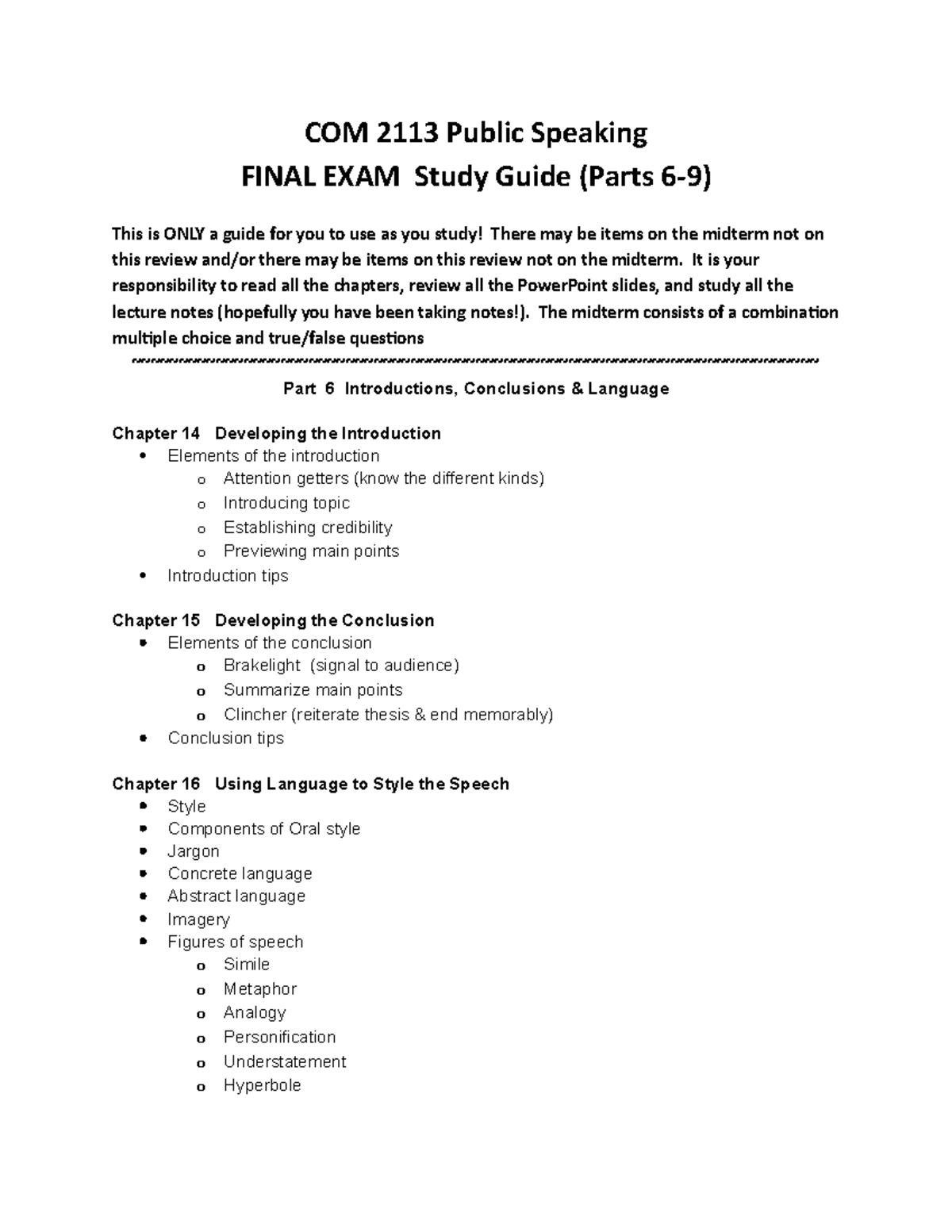 COM 2113 Final Exam Review: Public Speaking Study Guide (Parts 6-9) - Studocu