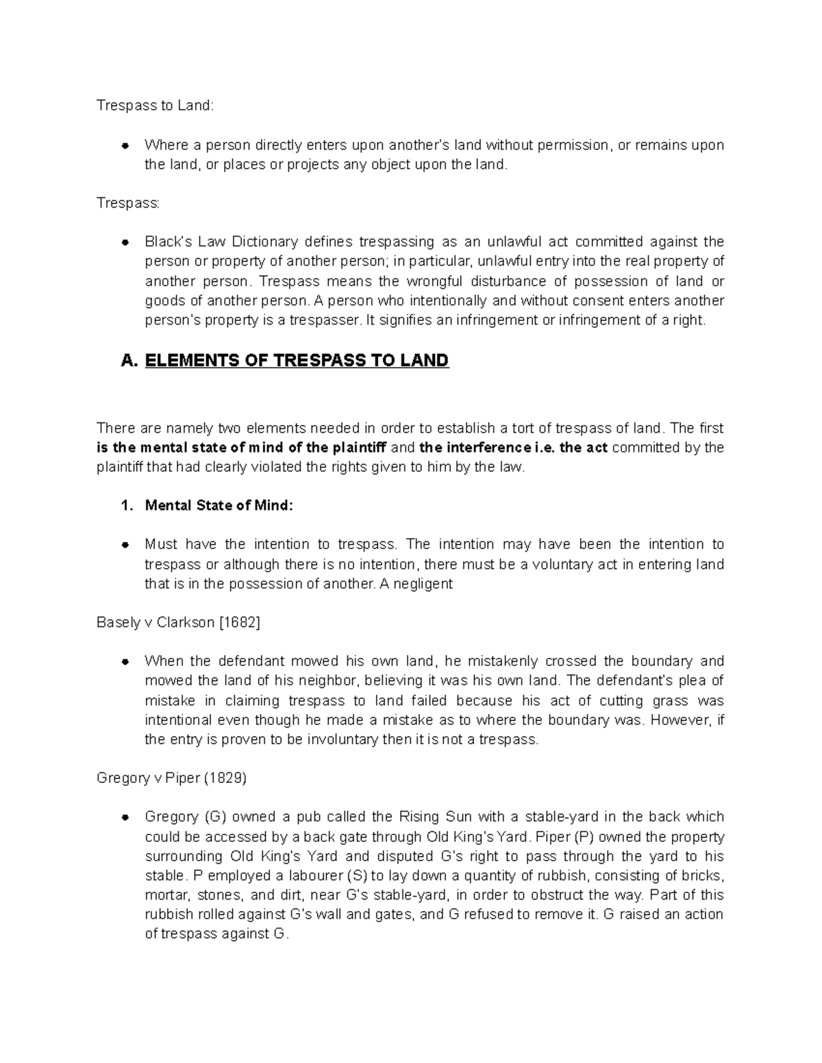 Trespass to Land: Key Notes and Legal Principles Overview - Studocu