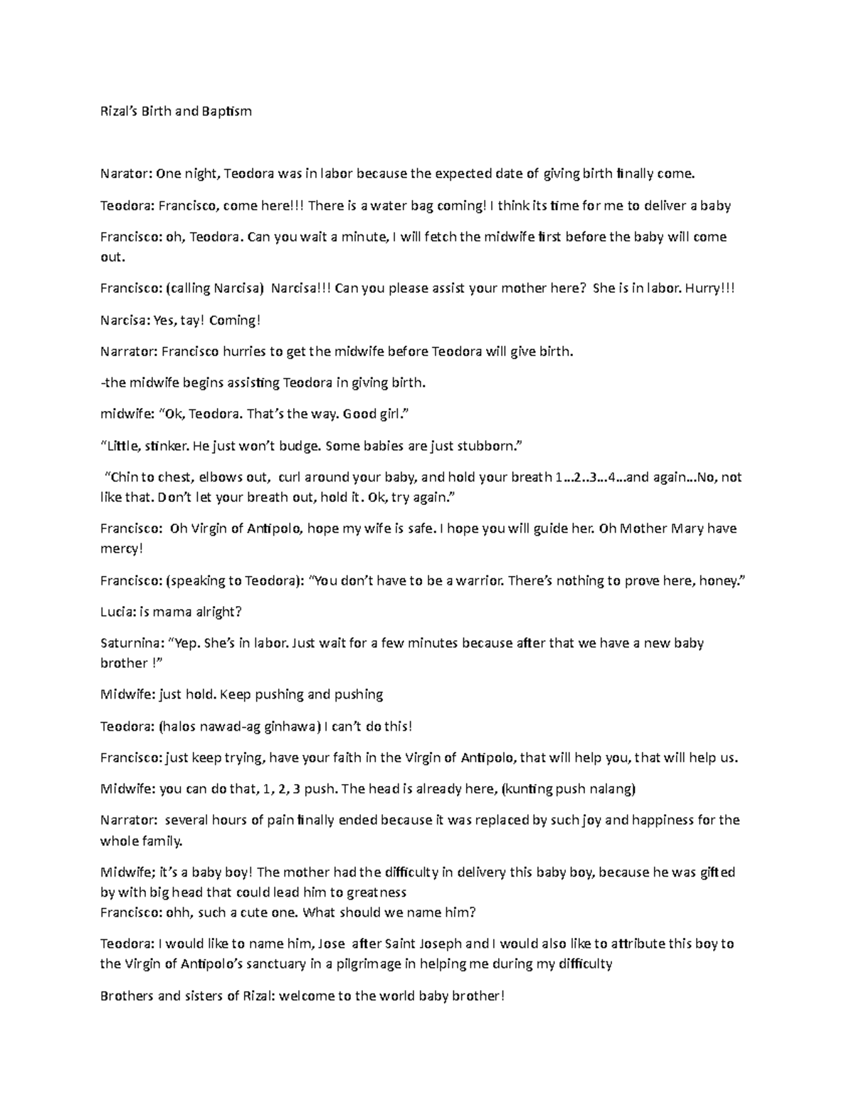 Rizal's Birth & Baptism Script: A Dramatic Retelling of His Early Life - Studocu