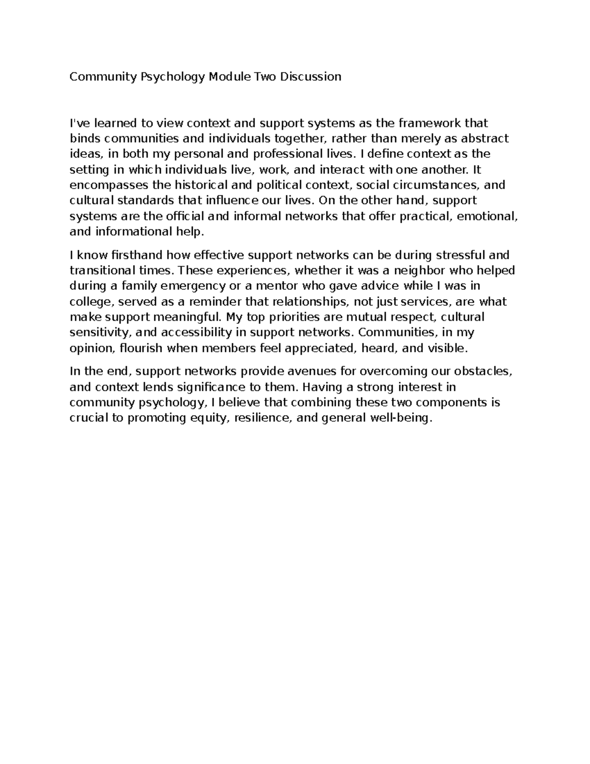 Community PSY Module 2 Discussion: Context & Support Systems - Studocu
