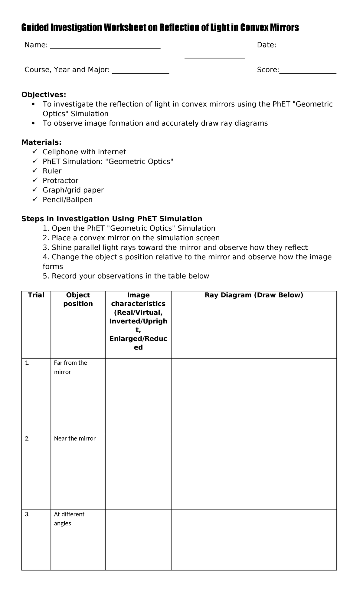 Work Sheet for DEMO - reflection of light - Guided Investigation ...