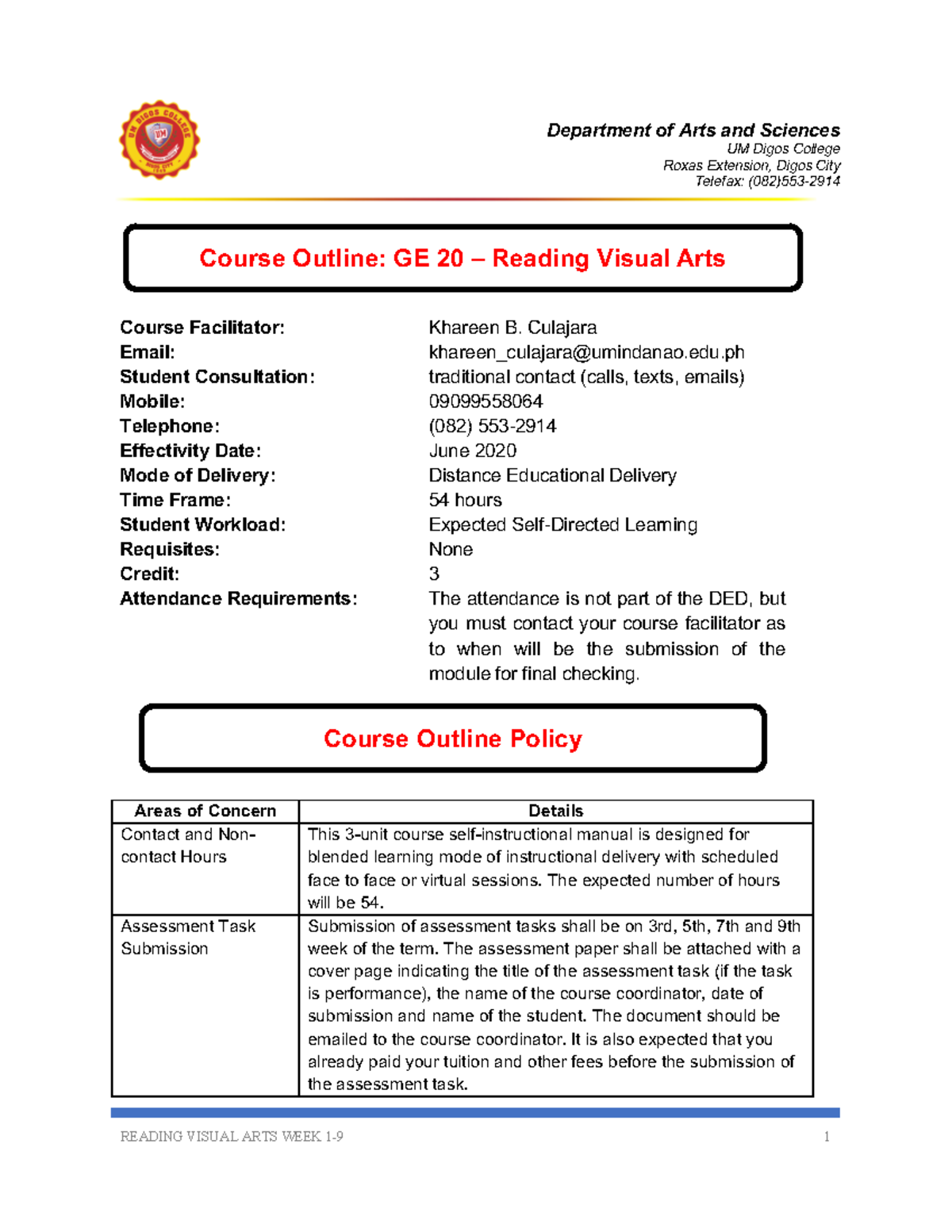 GE 20 - Reading Visual Arts Course Guide and Assessment Overview - Studocu
