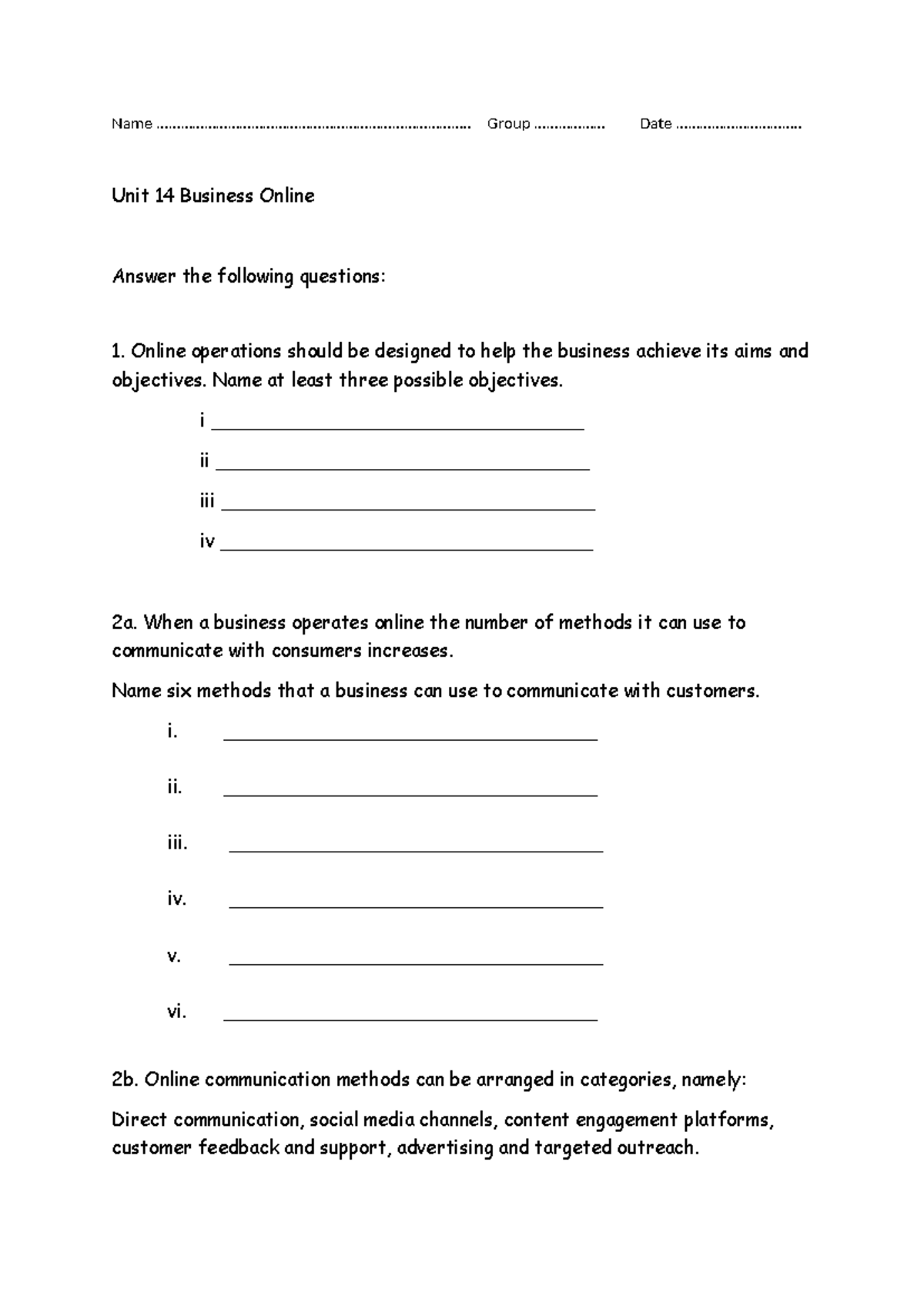 Unit 14 Business Online: Worksheet 2 Tutorial Quiz Questions - Studocu