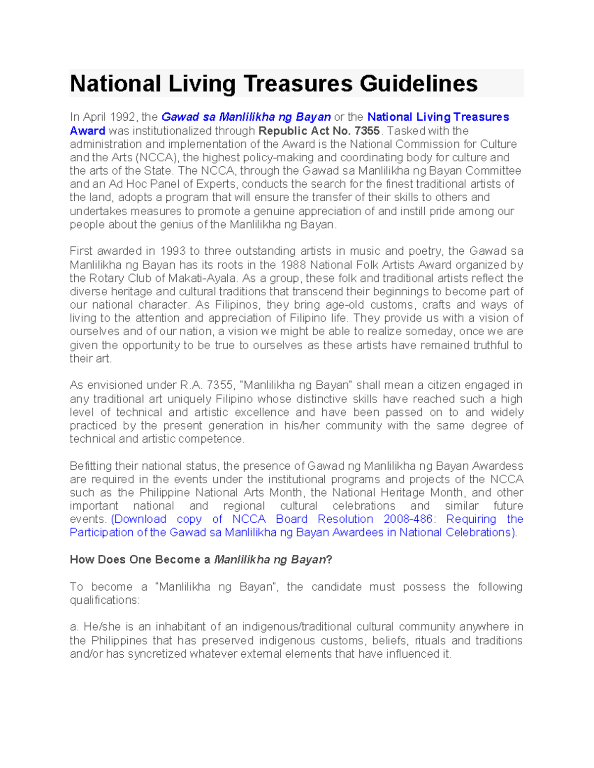 Gamaba Guidelines: National Living Treasures Award Overview - Studocu