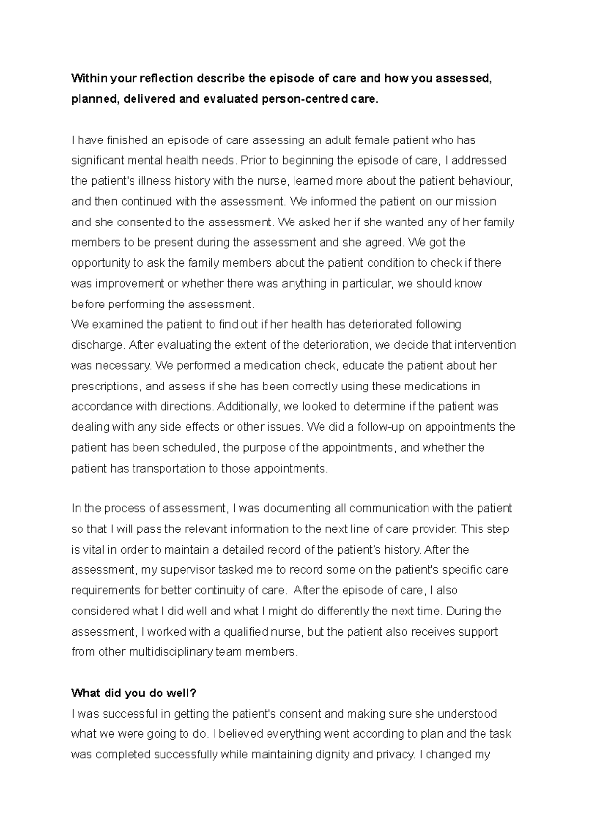 Episode of Care 2: Reflective Essay on Person-Centered Care Approach ...