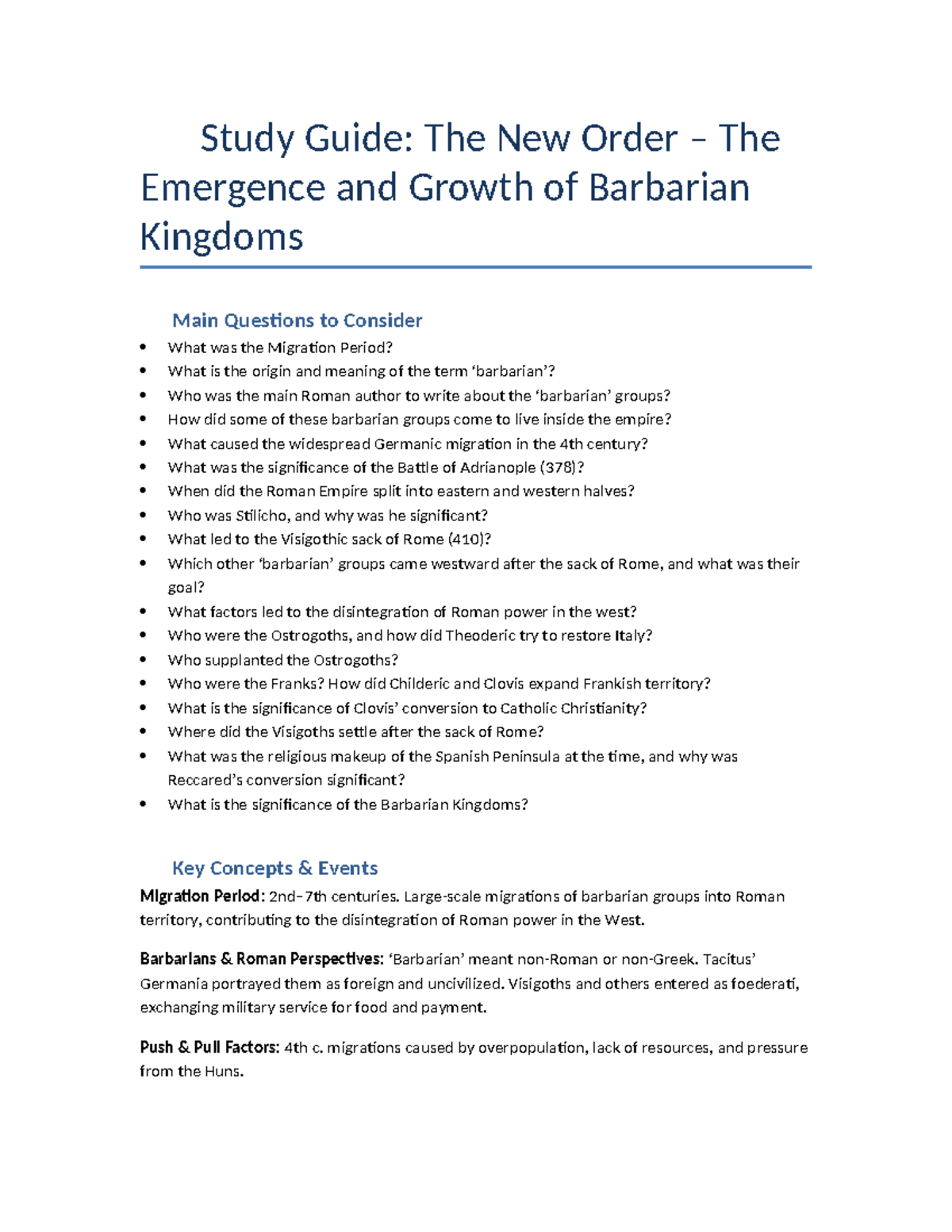 Study Guide: The Migration Period & Barbarian Kingdoms (HIST 101) - Studocu