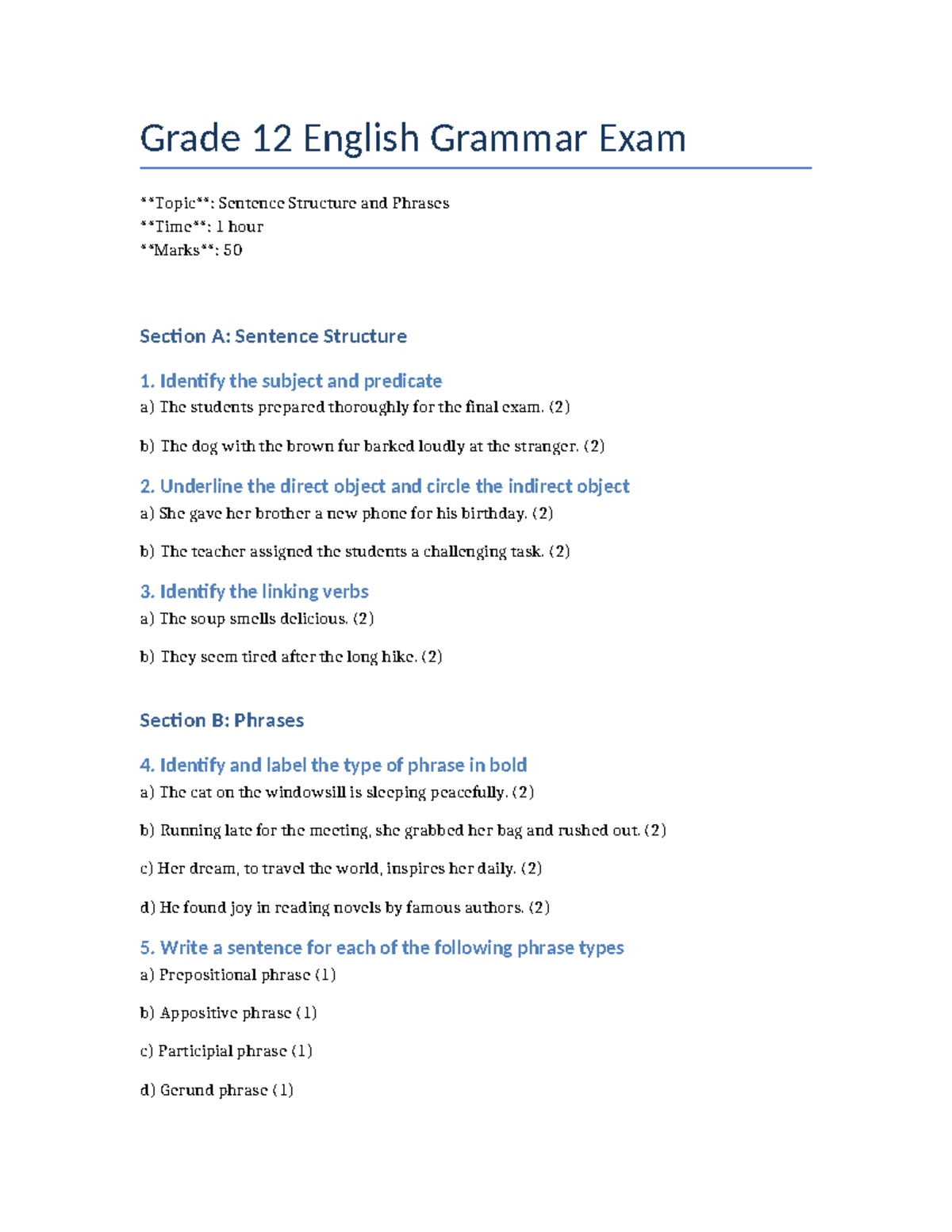 Grade 12 English Grammar Exam - Identify the subject and predicate a ...