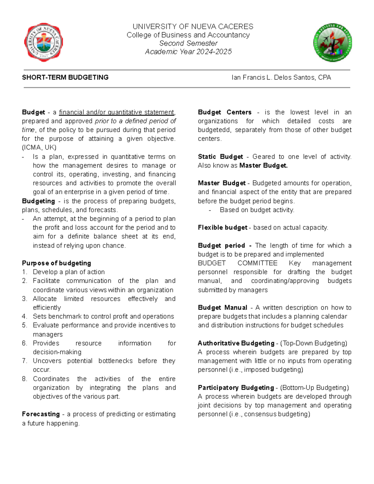 Management Accounting Service - Short-Term Budgeting Notes (ACCT 101 ...