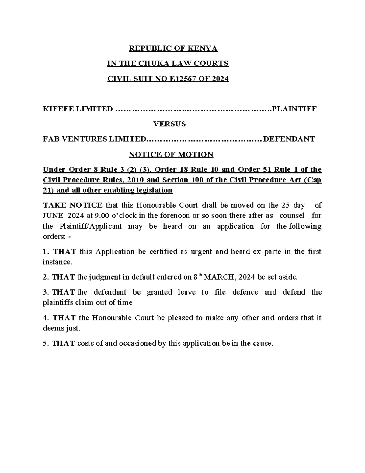 Notice of Motion: KifeFe Ltd v. Republic of Kenya, Civil Suit E12567 ...