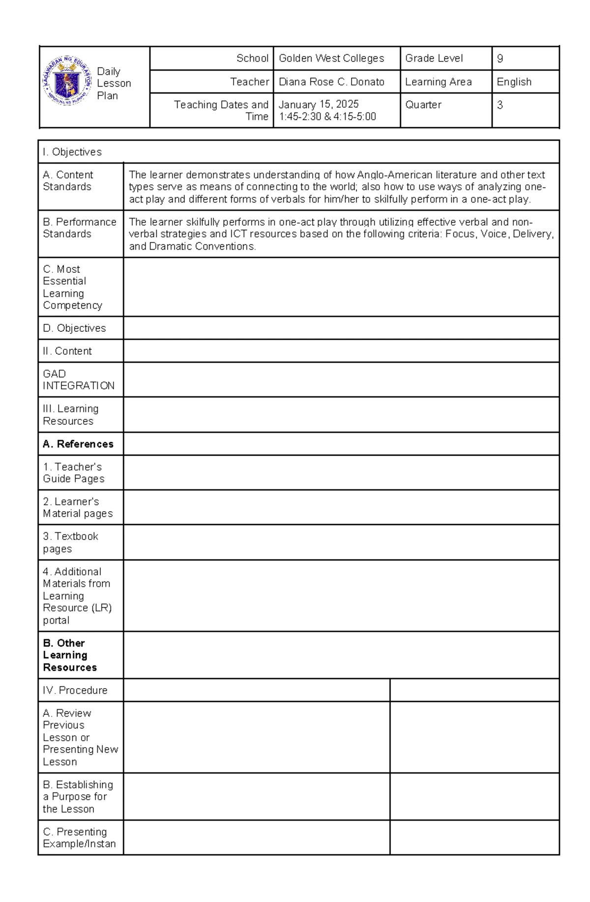 DLP Active Listening Lesson Plan for Grade 9 - Q3 2025 - Studocu