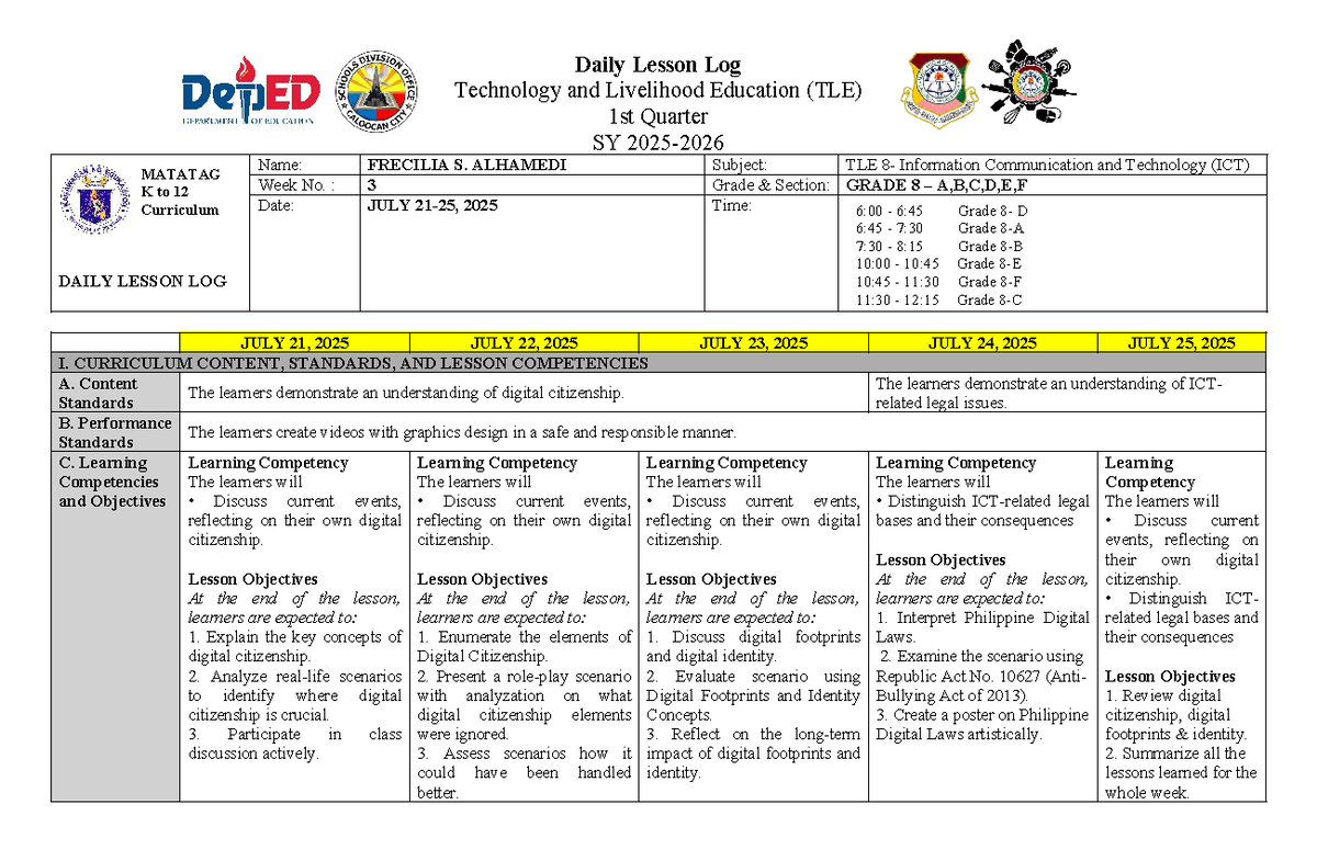 TLE Grade 8 Daily Lesson Log: Digital Citizenship & ICT (Week 3) - Studocu