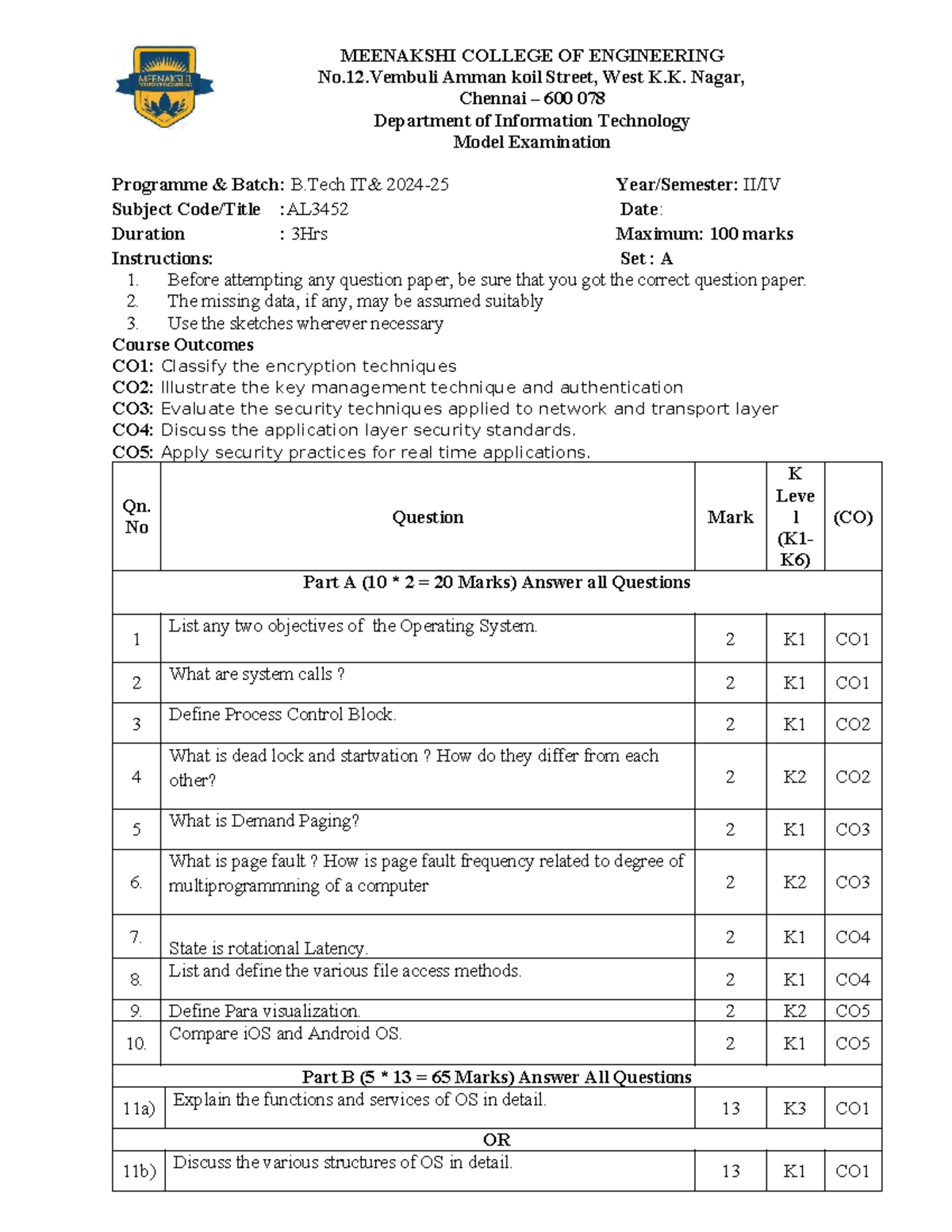 OS Model Examination Question Paper - AL3452 Set A - Studocu