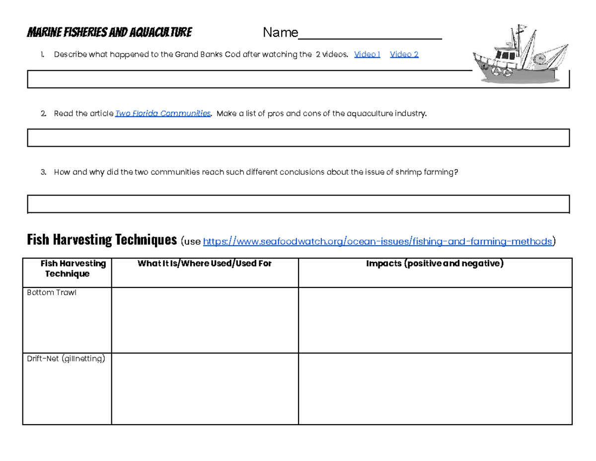 Marine Fisheries & Aquaculture: Impacts & Insights (Topic 5.8 & 5.16 ...