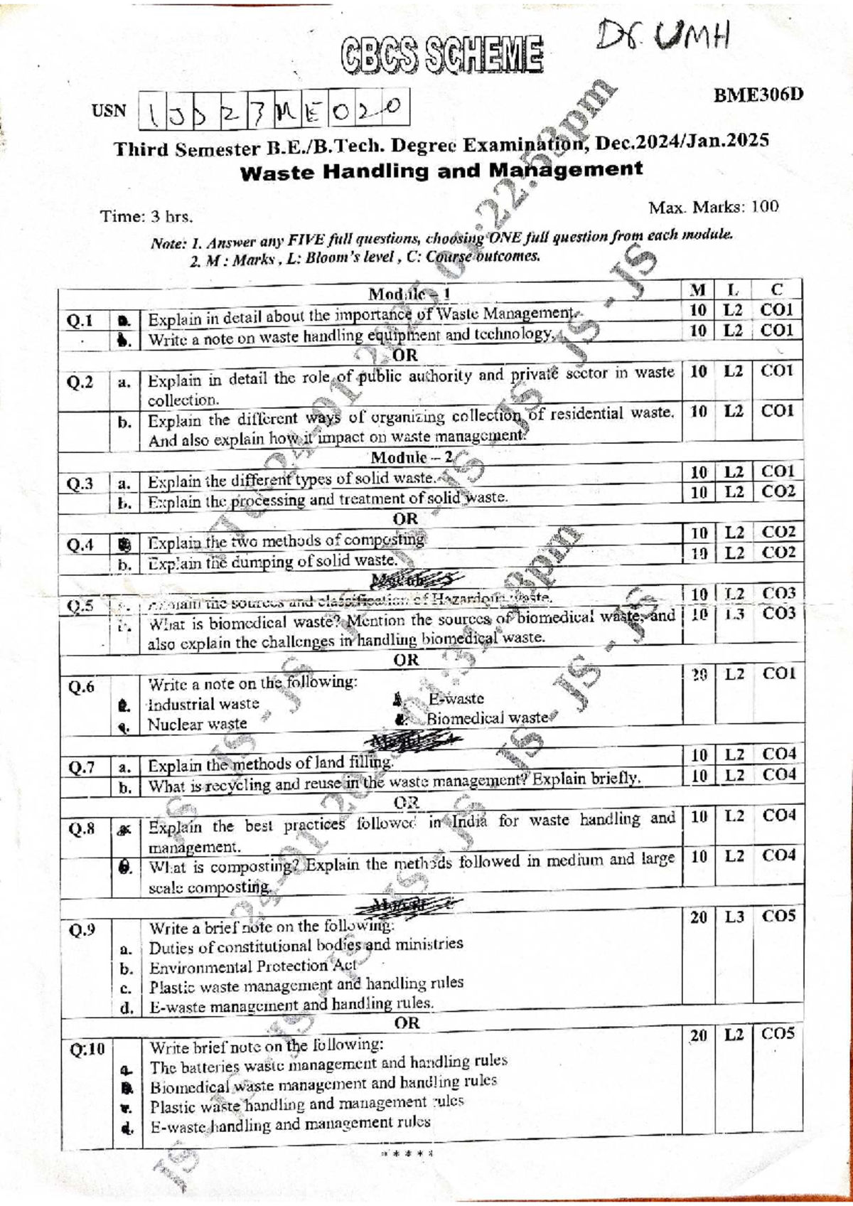 BME306D WHM Third Sem Exam Question Paper - Waste Management - Studocu