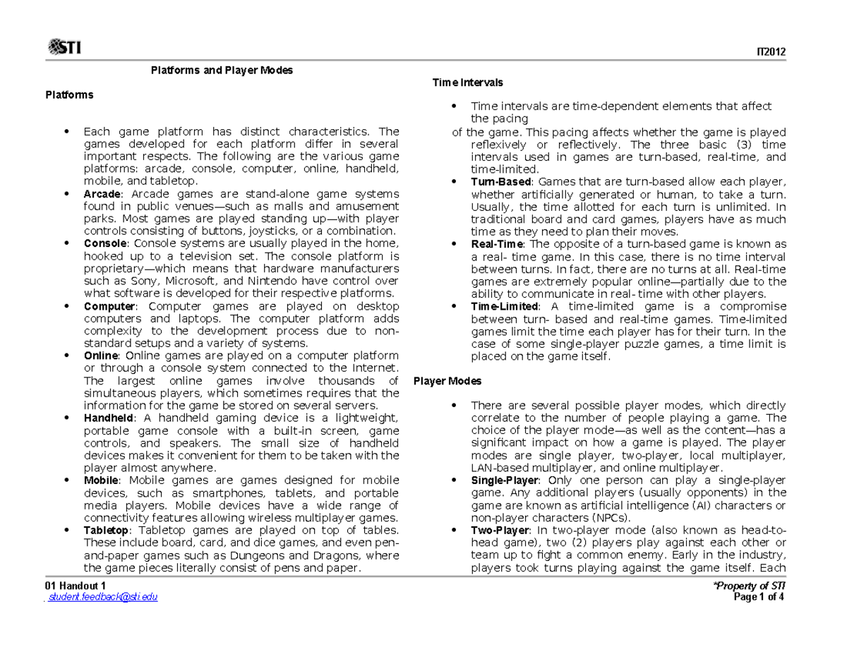 IT2012 Platforms and Player Modes: Game Characteristics Overview - Studocu