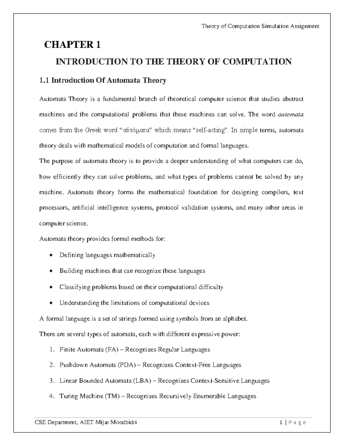 CSE 101: Theory of Computation Simulation Assignment - Automata Theory ...