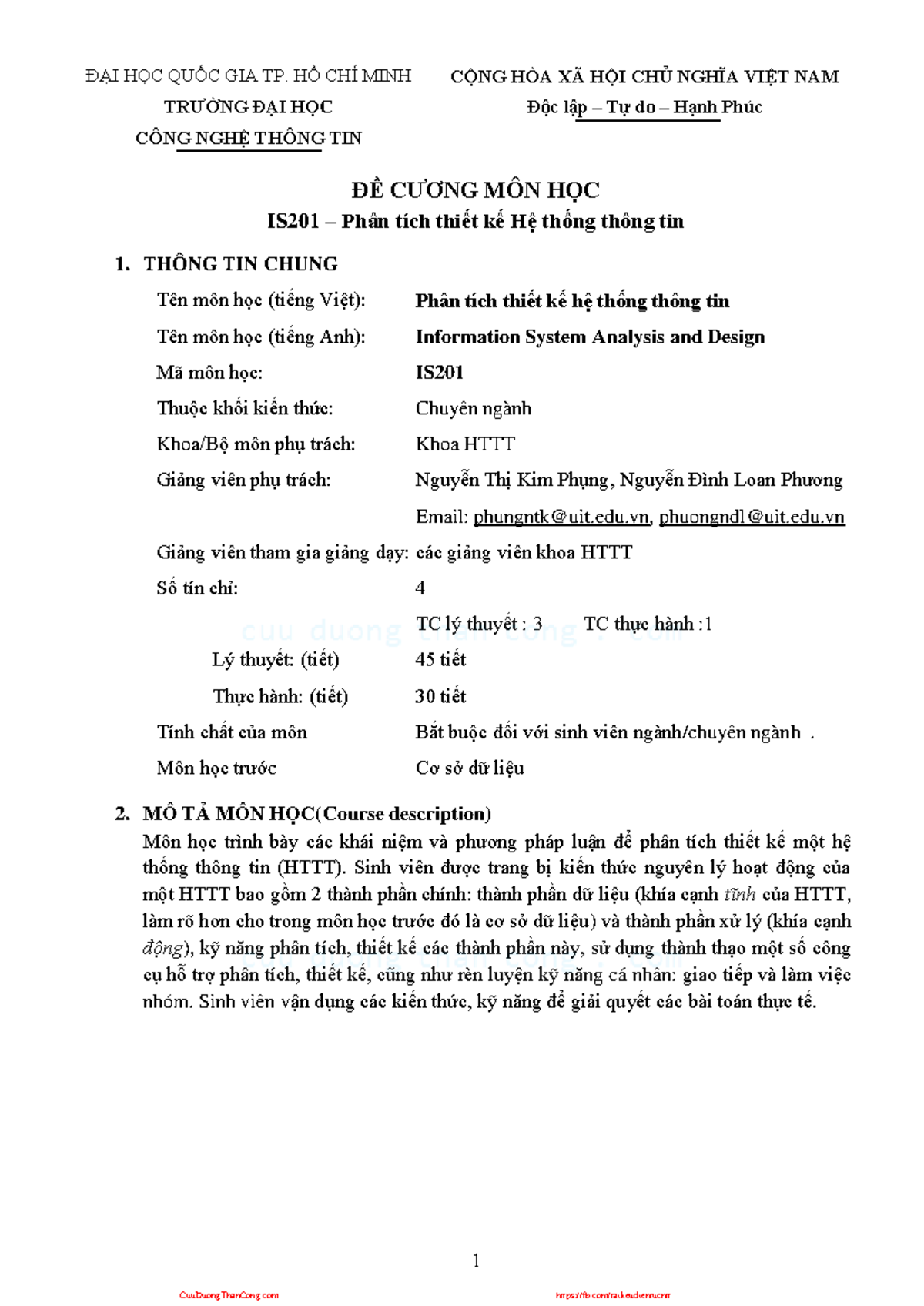 Đề cương môn học IS201: Phân tích và thiết kế hệ thống thông tin - Studocu