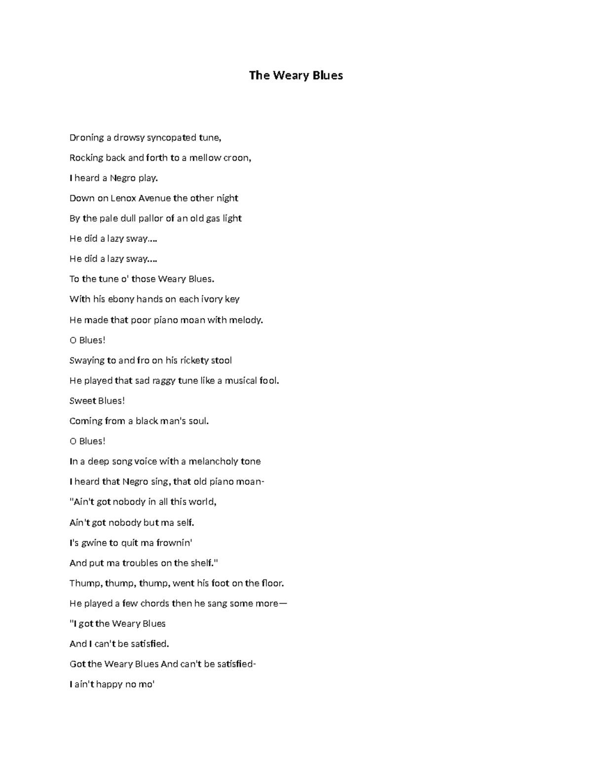 English Poems Term 2 Study Notes: The Weary Blues Analysis - Studocu