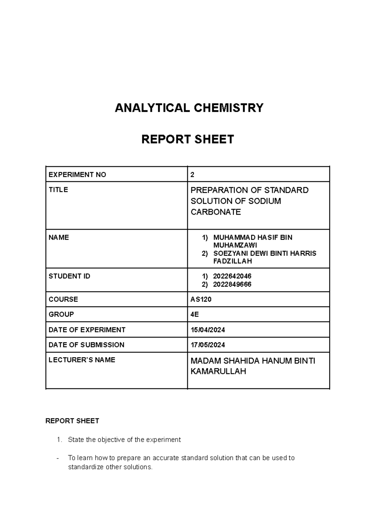 CHM256 EXP2 Hasif N DEWI - ANALYTICAL CHEMISTRY REPORT SHEET EXPERIMENT ...