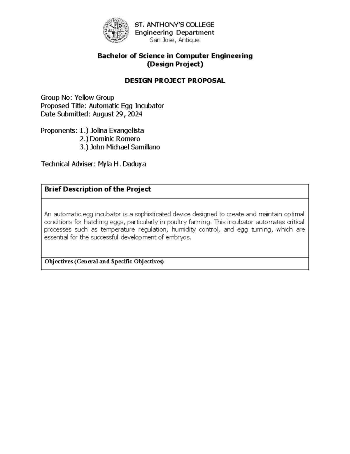 DESIGN PROJECT PROPOSAL: Automatic Egg Incubator for BSCE Program - Studocu