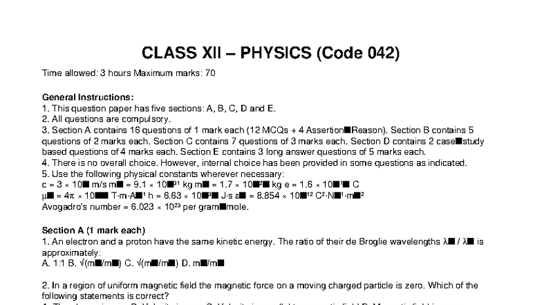 CLASS XII PHYSICS (Code 042) Model Exam Paper 2026 - Studocu