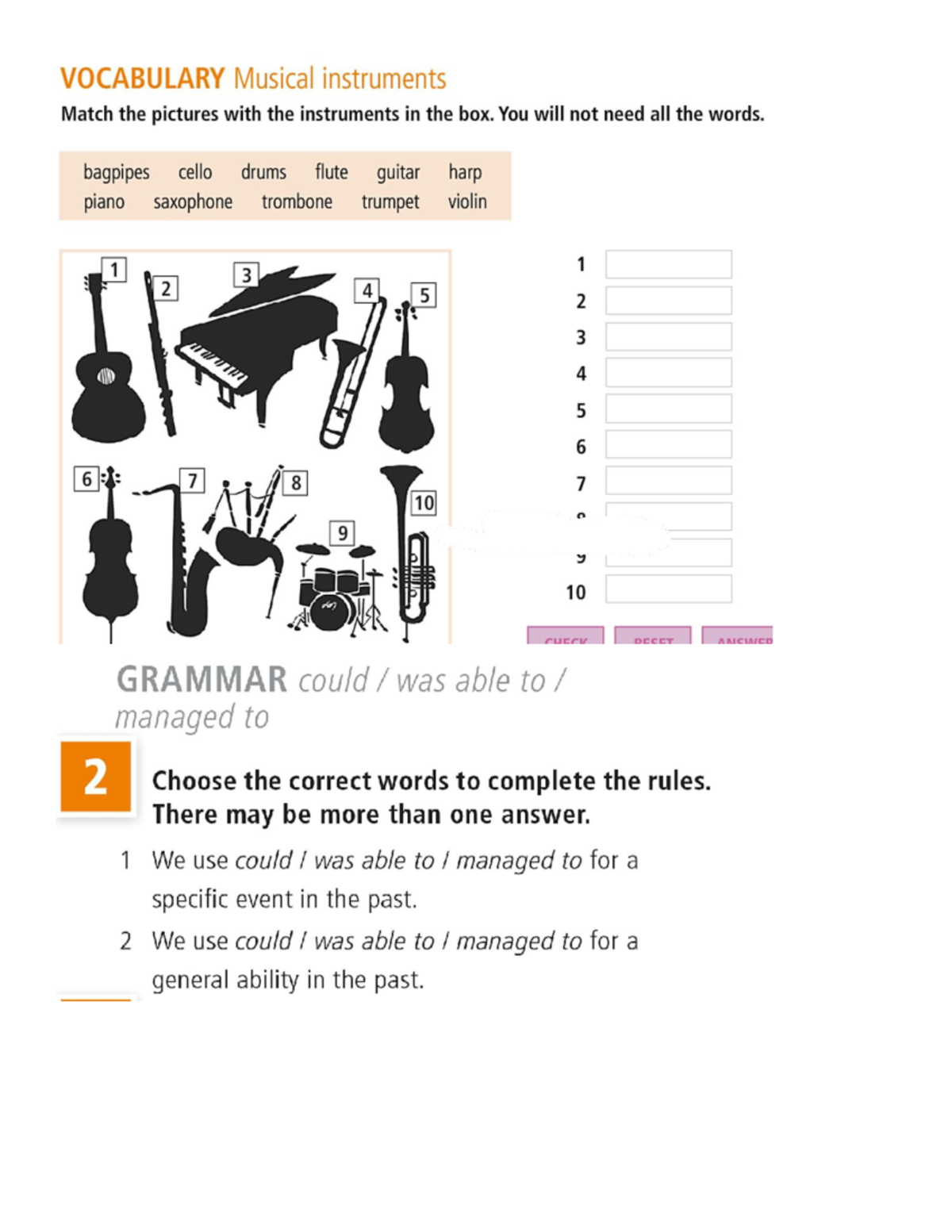 Workbook Activities-03: Vocabulary & Grammar Exercises on Instruments ...
